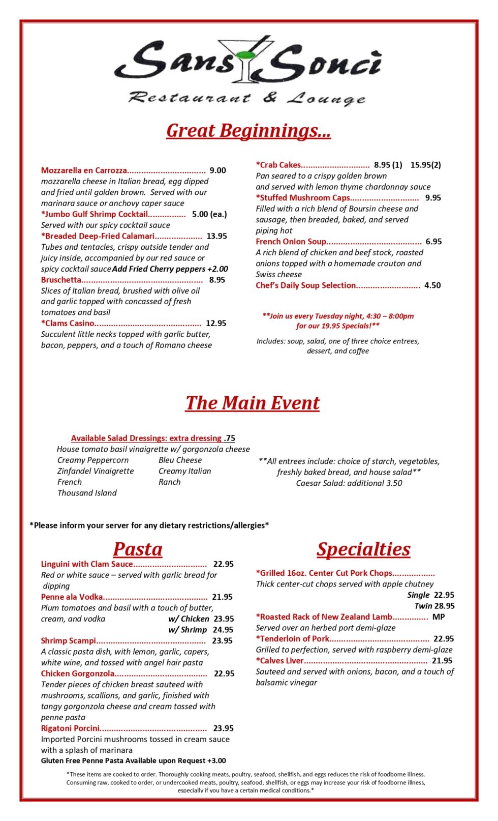 Menu | Sans Souci Restaurant | CT