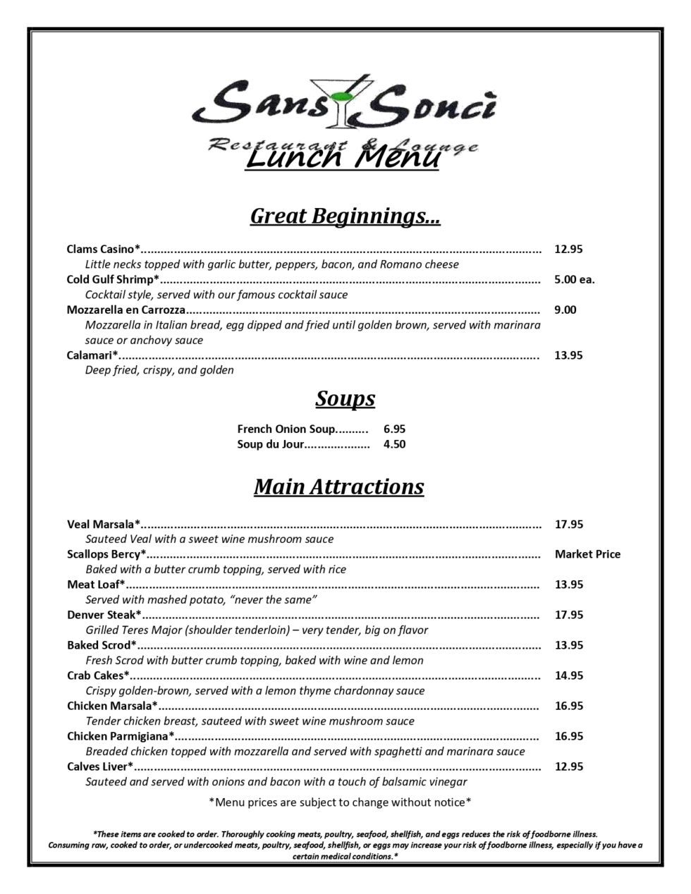 Menu | Sans Souci Restaurant | CT
